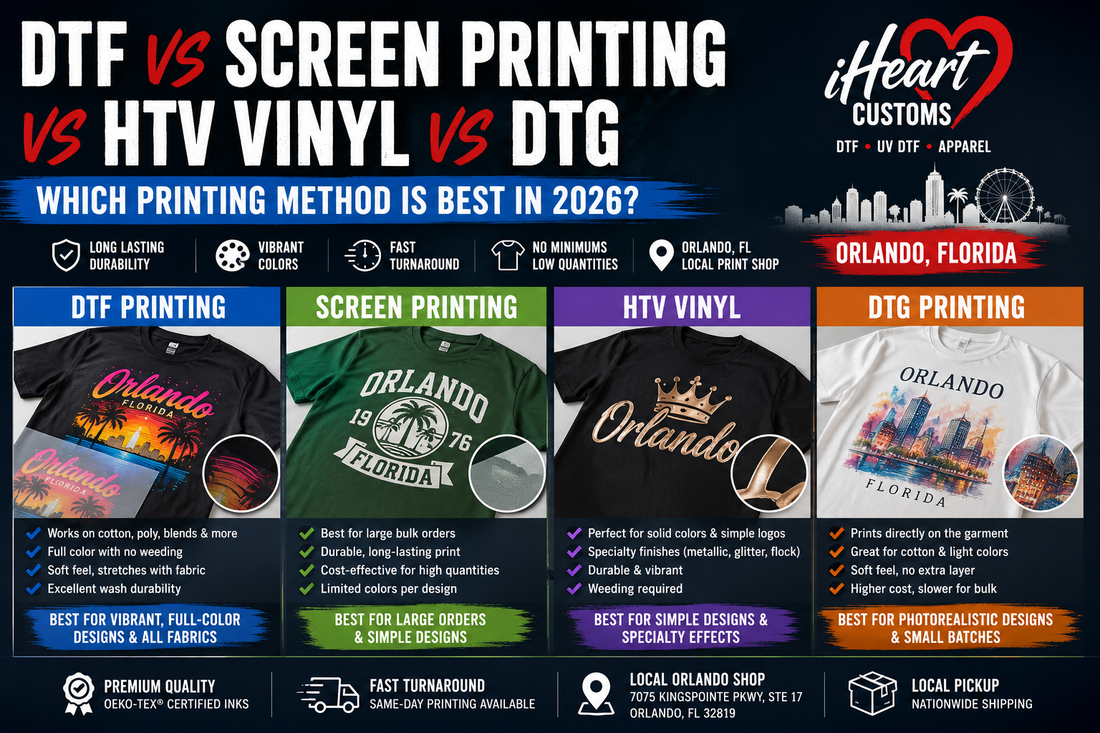DTF vs Screen Printing vs Vinyl vs DTG | Orlando 2026 – iheartcustoms